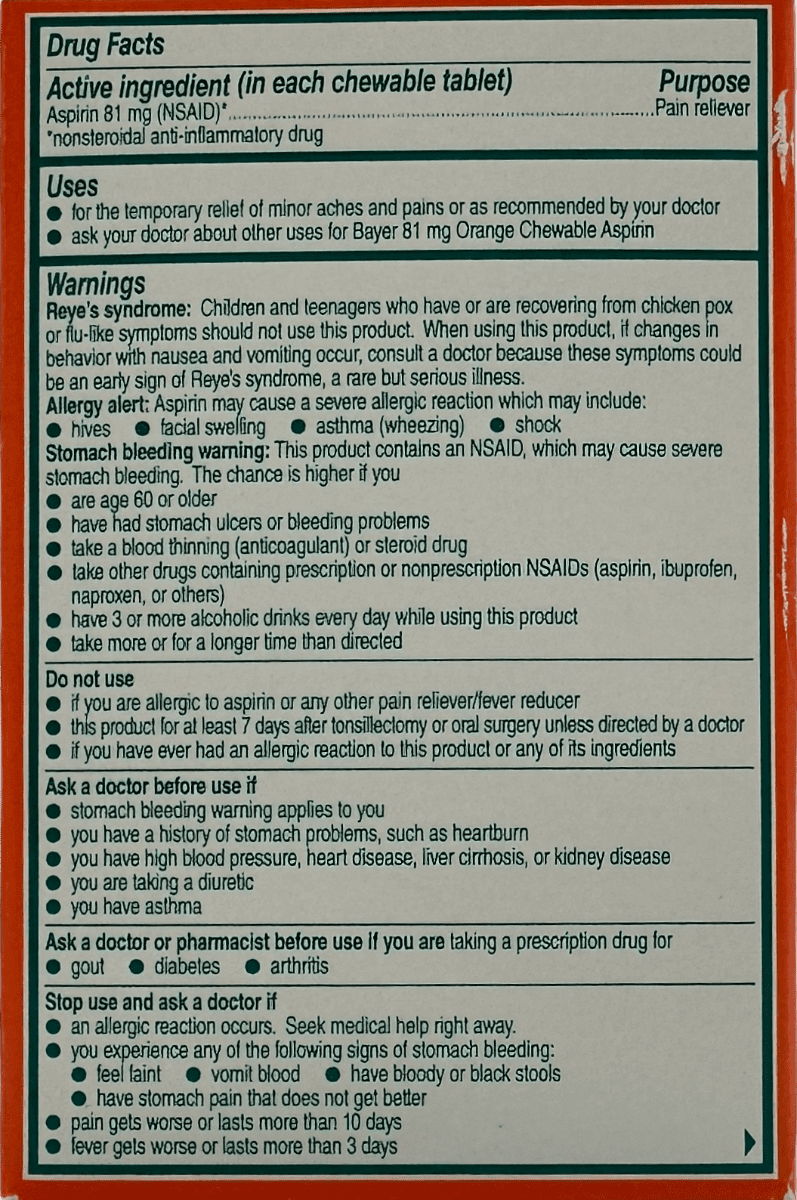 Bayer Aspirin Chewable 81mg Orange Flavored - 108 Tablets - Vim Drugs ...