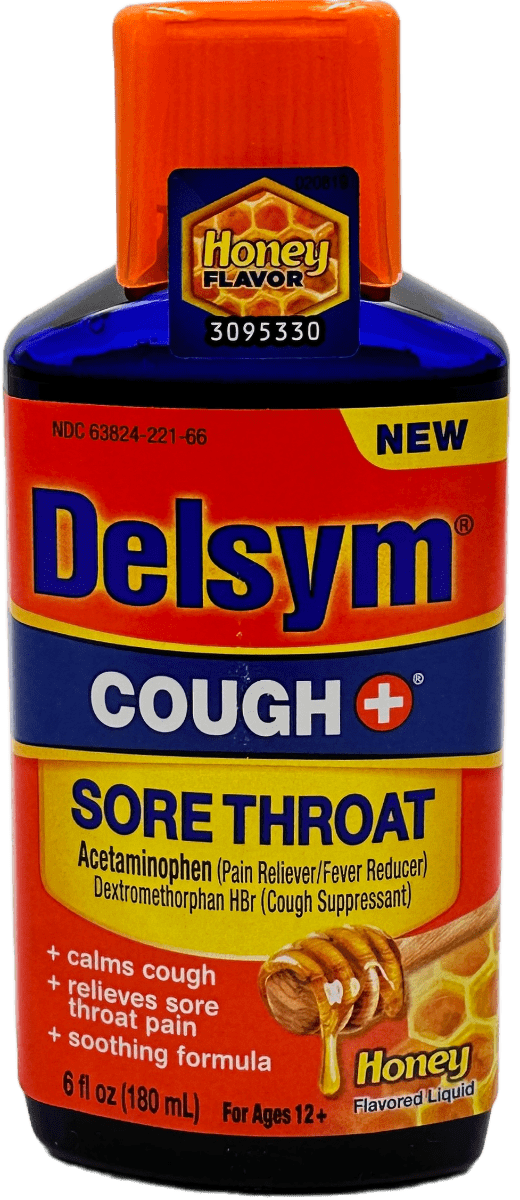 Delsym Cough & Sore Throat Syrup - Honey Flavored Liquid - 6 FL OZ ...