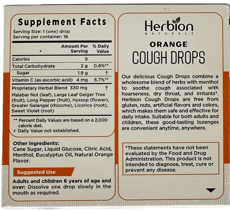 Herbion Naturals - Orange Cough Drops - 18 Ct - Vim Drugs Pharmacy